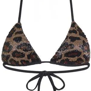 SELF-ADORE Hand-beaded Leopard Triangle Bikini Top - Black/brown