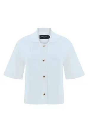 EXQUISE Short Sleeve Knit Trim Poplin Shirt - White