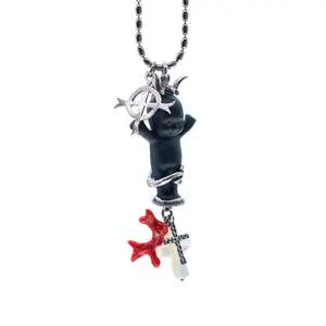 GEM KINGDOM Gem Kingdom "Happy Baby" Porcelain And Sterling Silver Necklace Black/red/silver