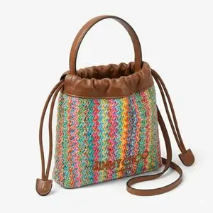 JIMMY CHOO Chevron Raffia Drawstring Pouch With Leather Trim