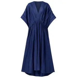 KARGEDE Navy Linen Kaftan Dress With Pleated Detailing