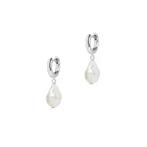 MURU Freshwater Pearl Drop Huggie Earrings - Silver
