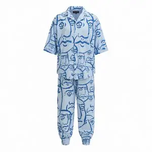 MYSIMPLICATED Short Sleeve Shirt And Trousers Set In With Faces Design Recycled Fabric - Blue