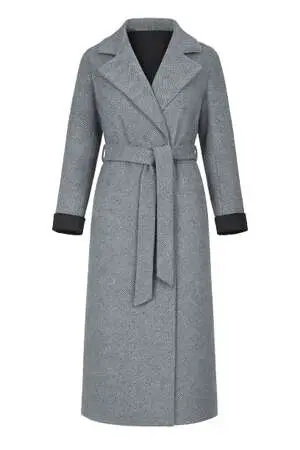 CONQUISTA Woven Melange Wool Winter Coat With Shawl Collar And Belt