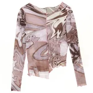 PALOMA LIRA Printed Mesh Top With Pink Stitching - Grey