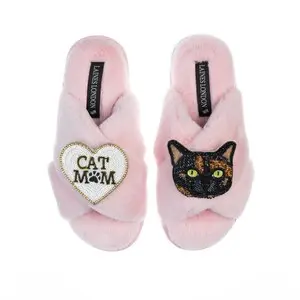 LAINES LONDON Classic Slippers With Cat Brooches - Pink