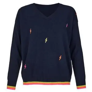 AT LAST... Cashmere Blend V-neck Striped Sweater - Blue