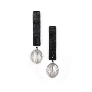 WAIWAI Clear Quartz And Alligator-textured Leather Drop Earrings - Black