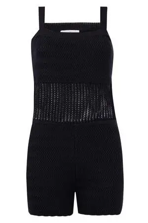 PERALUNA Iris Openwork Herringbone Knit Playsuit - Black