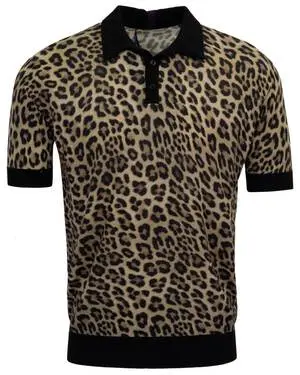 LORDS OF HARLECH Pilgrim Leopard Merino Silk Cashmere Polo - Brown