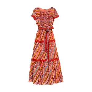 NIZA Multicolor Geometric Print Midi Dress With Bow And Embroidery - Red