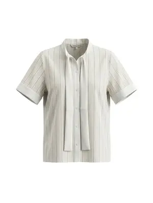HELENE GALWAS Striped Cotton Blouse With Tie Neck - White