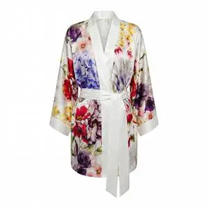 VIMISSIA Wild Bloom Short Silk Kimono Style Robe - White