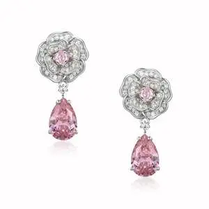 SANTINNI Baroness Flower & Pink Crystal Drop Earrings - Silver