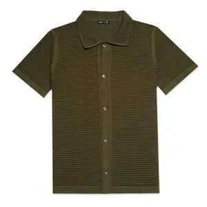 EIGHT X Neutrals The Docker Knit Button Up Short Sleeve Shirt Olive - Green
