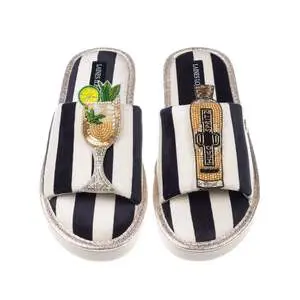 LAINES LONDON Striped Flatform Slippers With Embellished Brooches - Black/white