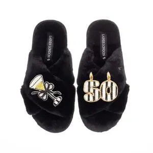 LAINES LONDON Classic Faux Fur Slippers With Brooches - Black