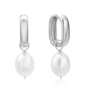 LILY & ROO Thick Squared Hoop Pearl Drop Earrings Silver