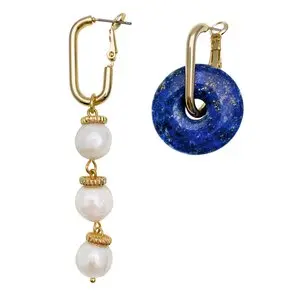 FARRA Asymmetric Lapis Lazuli And Freshwater Pearl Clip On Earrings - Yellow