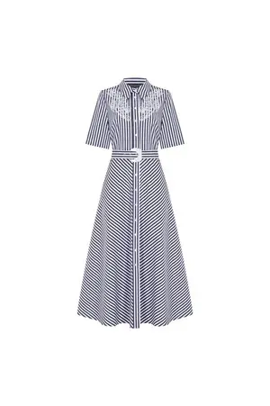 EXQUISE Striped A-line Shirt Dress With Embroidered Details And Belt