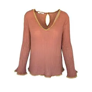 Haris Cotton Textured Cotton V-neck Top With Gold Trim