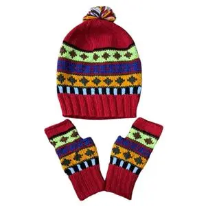 SPRINGMOONATELIER Handcrafted Wool Hat And Fingerless Gloves Set - Red
