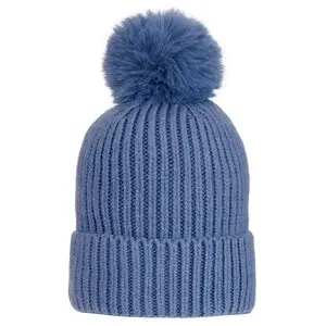 AT LAST... Chunky Cashmere Blend Beanie With Faux Fur Pom Pom - Blue