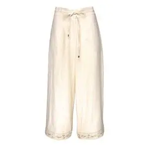 LALIPOP DESIGN Cropped Linen Pants With Sequin-embellished Hem - Beige