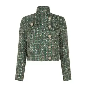 SOUR FIGS Emerald Green Metallic Thread Bouclé Tweed Cropped Jacket