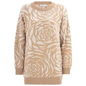 PERALUNA Rose Patterned Knit Fluffy Crew Neck Sweater - Brown