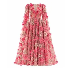 MATSOUR'I Hortensia Floral Appliqué Midi Dress With Detachable Sleeves - Orange