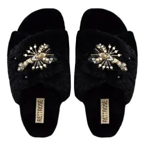 RETTROSE Anastasia Plush Diamanté Embellished Slipper - Black
