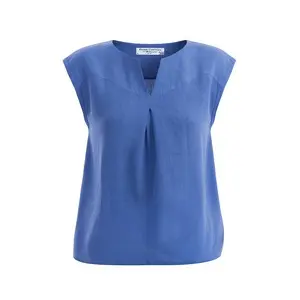 Haris Cotton Linen Short Sleeve Blouse With Front Pleat - Blue