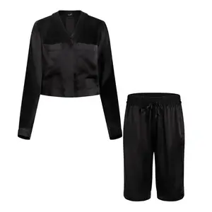 JE MÉRITE (I DESERVE) Silk Cropped Sleep Shirt & Tuxedo Short Set - Black