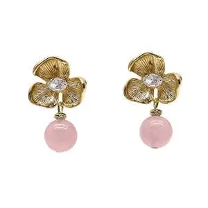 FARRA Floral Rose Quartz Dangle Stud Earrings - Pink