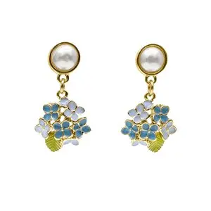 FARRA Flower Dangle Pearl Stud Earrings - Blue