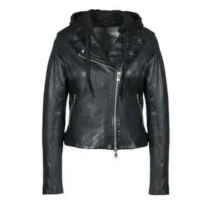 FREAKY NATION Leather Biker Jacket With Detachable Hood