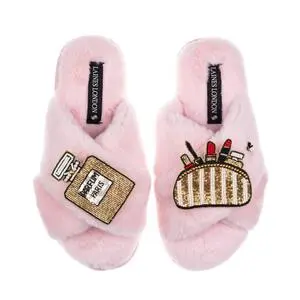 LAINES LONDON Faux Fur Slippers With Brooches - Pink