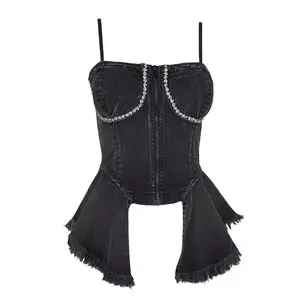 LALIPOP DESIGN Hand-stitched Crystal-embellished Denim Corset Top - Black