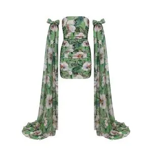 NUR KARAATA Poppy Reverie Strapless Mini Dress With Flowy Sleeves - Green