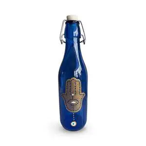CASA DUNIYA Hand-painted Hamsa Evil Eye Swing-top Glass Water Bottle Cobalt - Blue