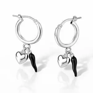 UNALOE Heart And Italian Horn Charm Hoop Earrings - Black/silver