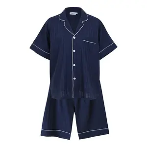 LUNALUZ Le Blanc Textured Cotton Short-sleeve Pajama Set – Navy - Blue