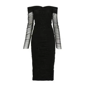 NISSA Ruched Tulle Midi Dress