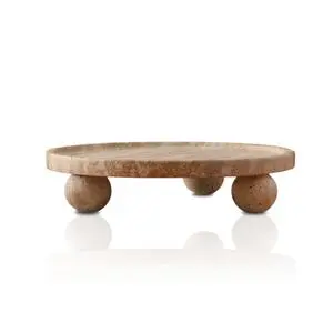MARLETH Neutrals Handmade Travertine Pedestal Tray – Round Elevated Design With Three Sphere Feet - Beige