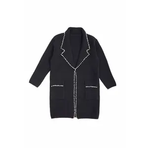Saachi Pearl Trim Long Knit Blazer - Black