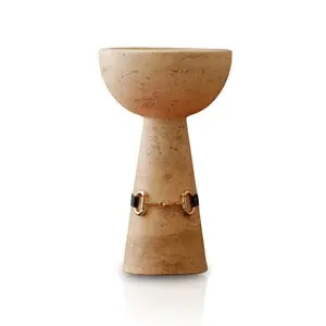 MARLETH Neutrals Handmade Travertine Pedestal Bowl, Leather Detailed - Black
