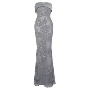MISS CIRCLE NEW YORK Beaded Floral Strapless Mermaid Maxi Dress - Silver