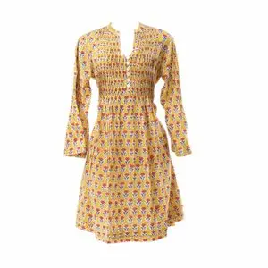 WILD ROSE Floral Print Cotton Knee Length Dress - Yellow