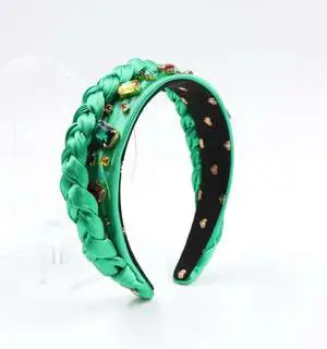 MISS CICCONI Alessia Two-way Silk Braided & Jewelled Headband With Crystals - Green